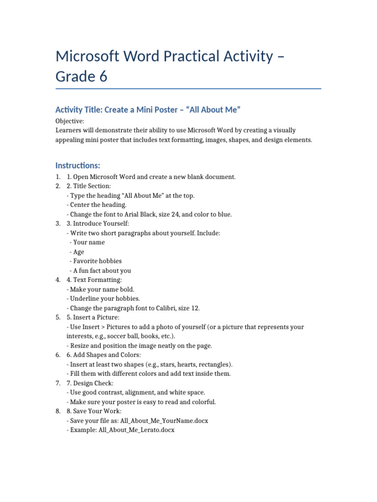 Grade 6 Microsoft Word Practical Activity | PDF