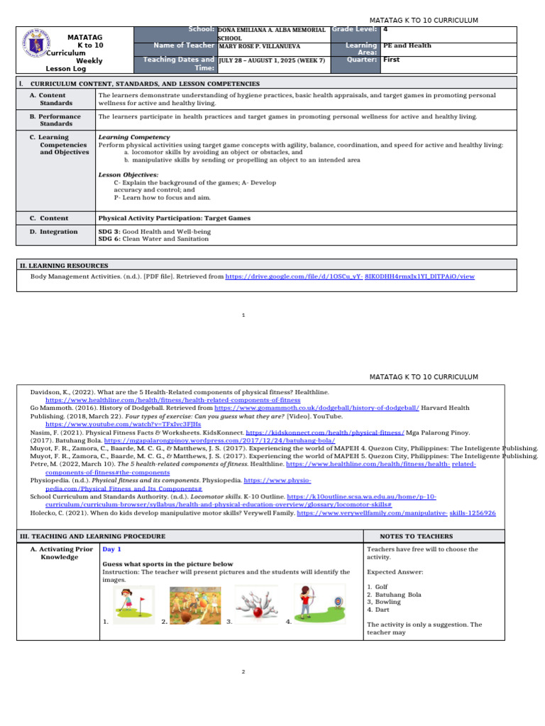 K-10 PE & Health Weekly Lesson Plan | PDF | Physical Fitness