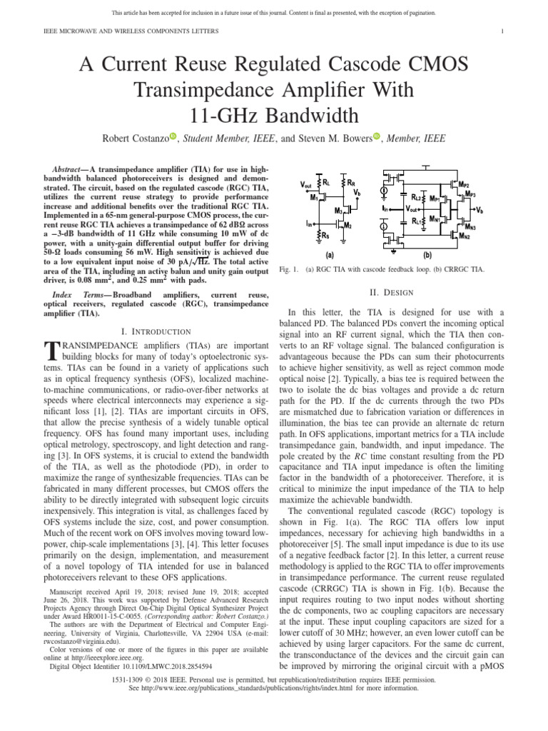 A CR RGC Cmos Tia With 11-Ghz Bandwidth | PDF | Amplifier | Computer ...
