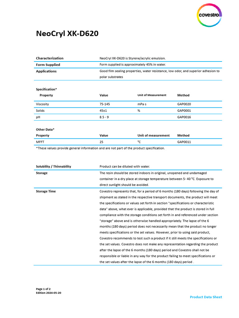 NeoCryl XK-D620 Product Overview | PDF | Viscosity