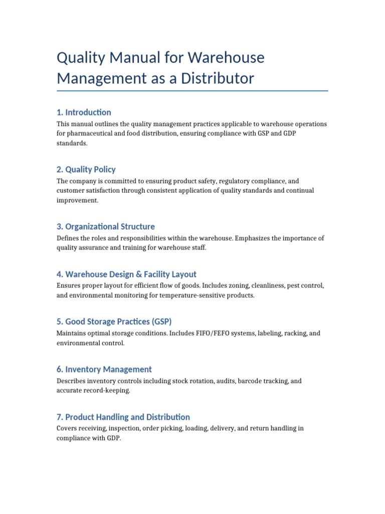 Quality Manual Warehouse Distributor | PDF