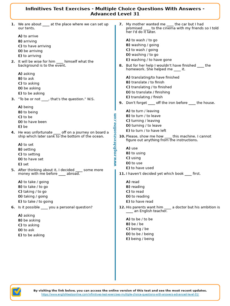 Infinitives MCQs for English Grammar | PDF | Multiple Choice | Question