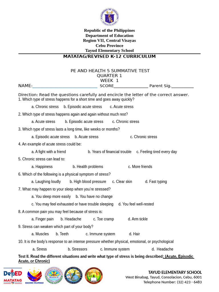 Summative Test No. 1 PE HEALTH | PDF | Stress (Biology) | Diseases And ...