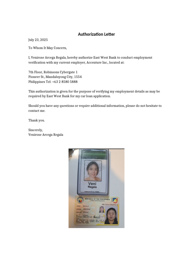 Authorization Letter EastWestBank | PDF