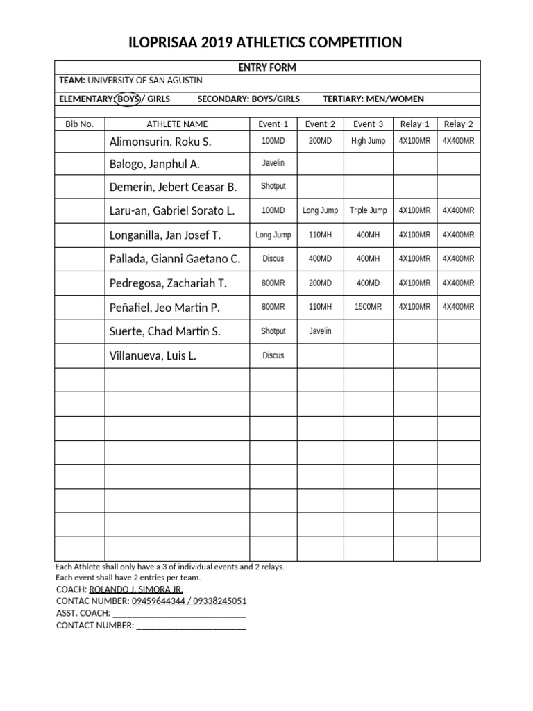Iloprisaa Athletics Entry Form 2019 | PDF | Sports | Athletics