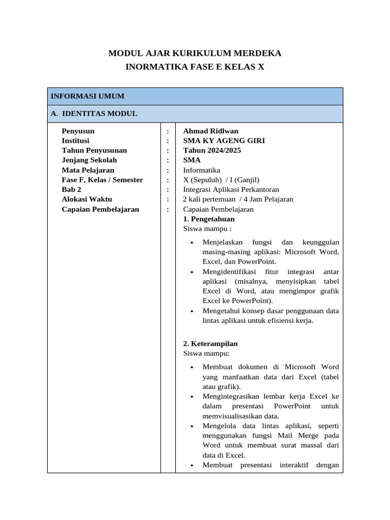 Modul Ajar Informatika Kelas X | PDF