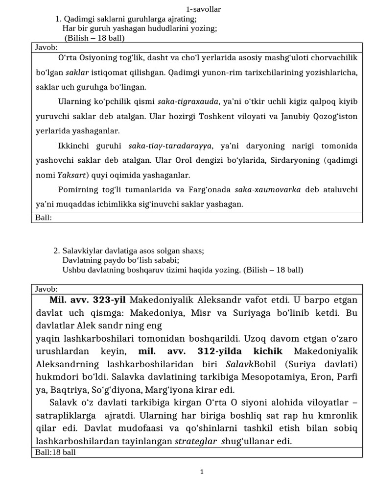 9-Sinf O'Zbekiston Tarixi Imtihon Javoblari 2025 | PDF