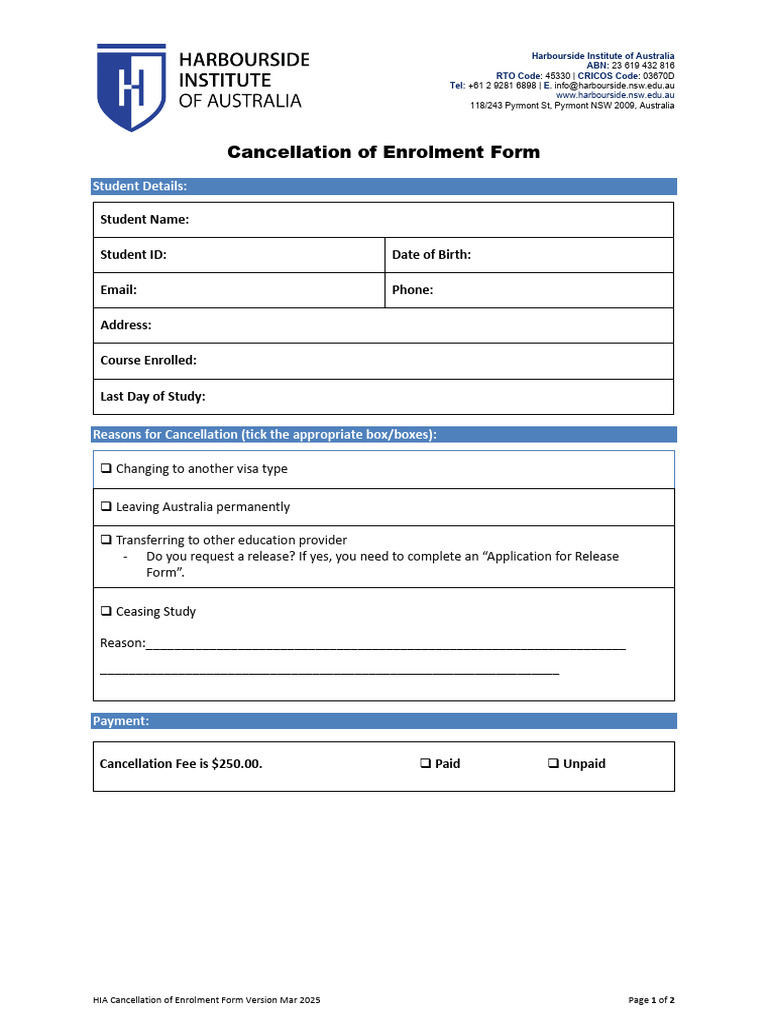 Cancellation of Enrolment Form - Mar 2025 - Fillable | PDF