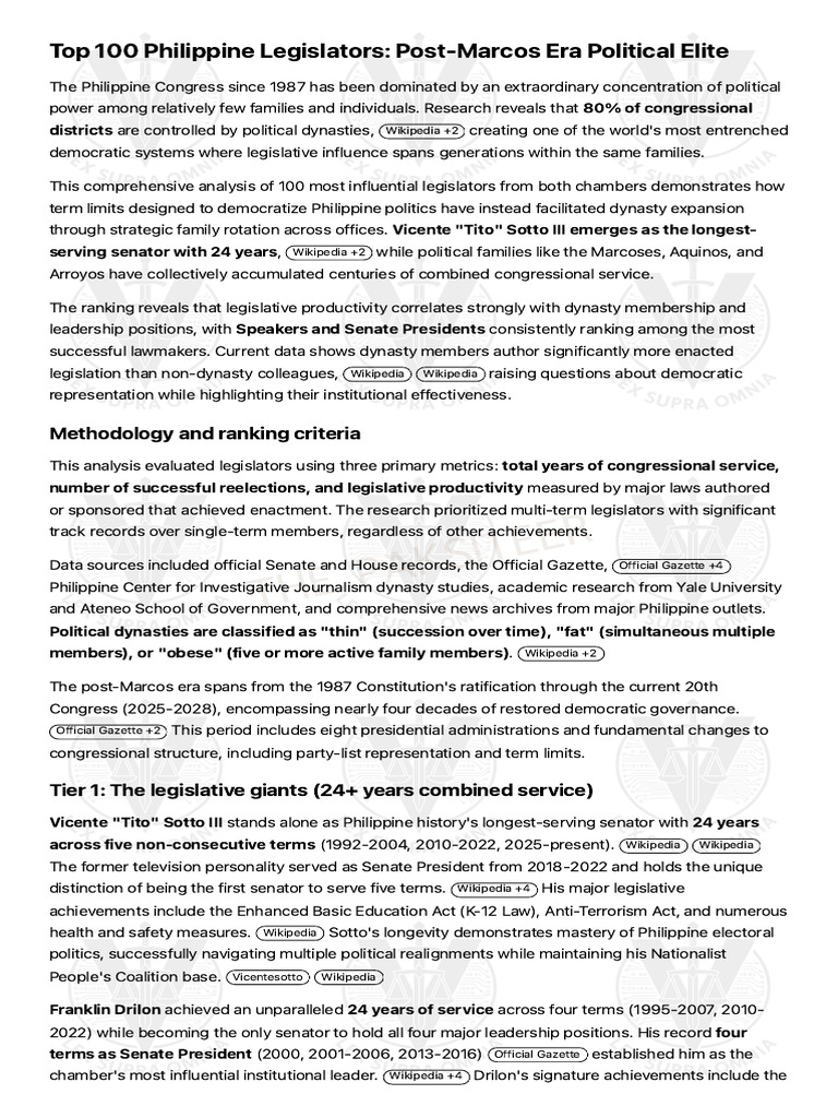 Top 100 Philippine Legislators: Post-Marcos Era Political Elite | PDF ...