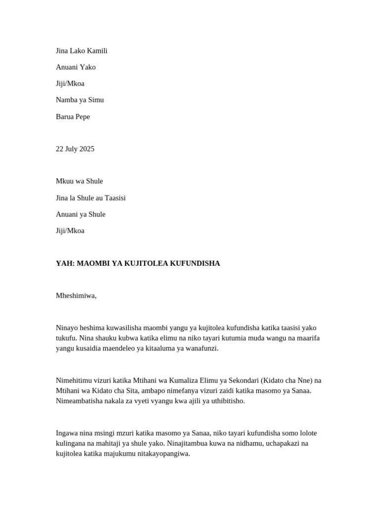 Barua Ya Maombi Ya Kujitolea Kufundisha | PDF