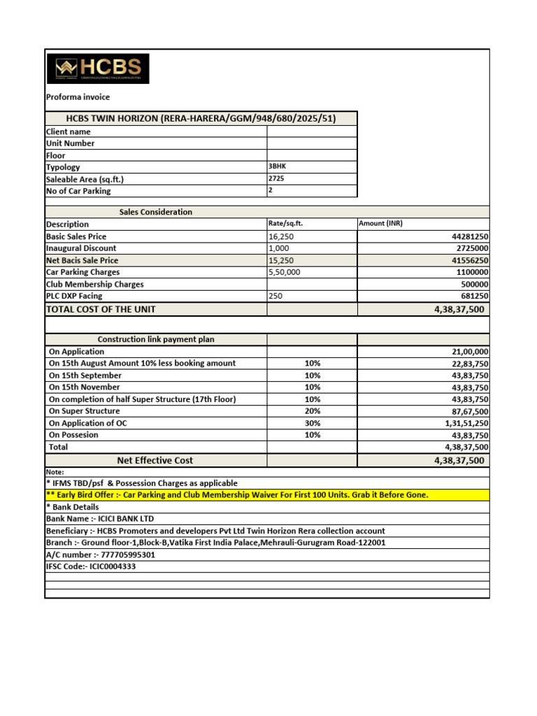 Proforma Invoice of Twin Horizon 3BHK | PDF