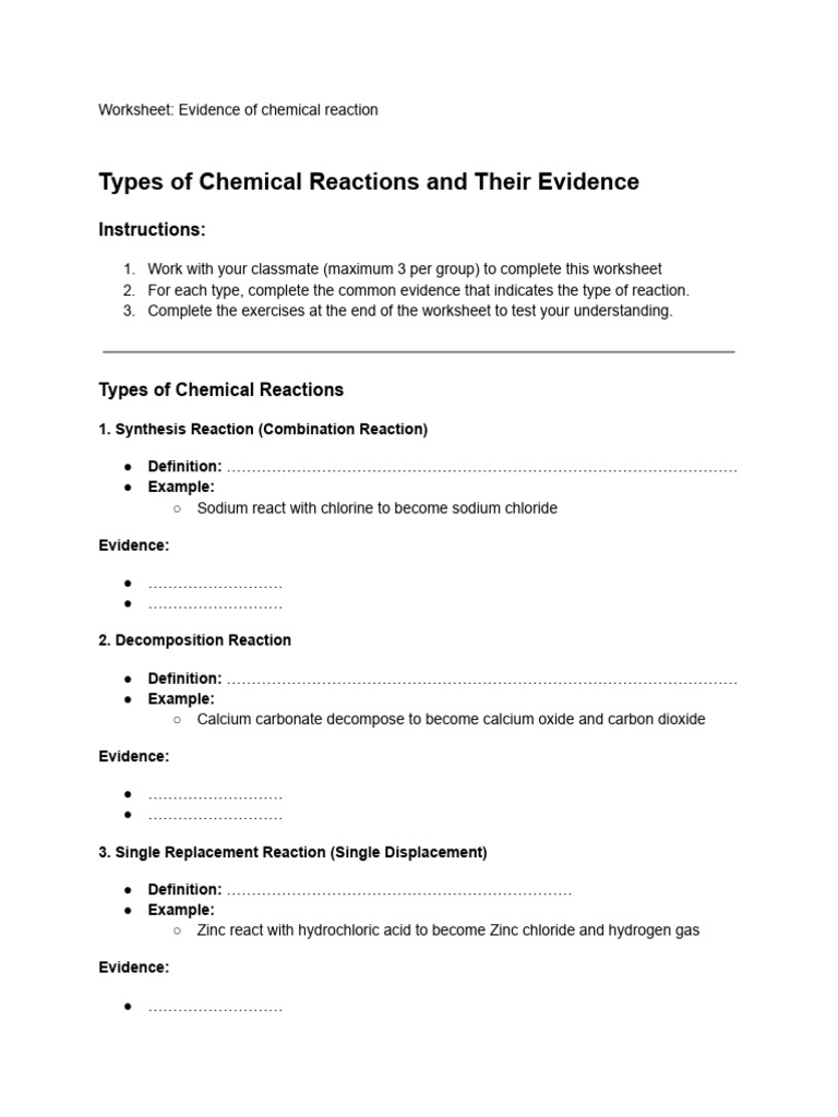 Worksheet Evidence of Chemical Reaction 1 | PDF