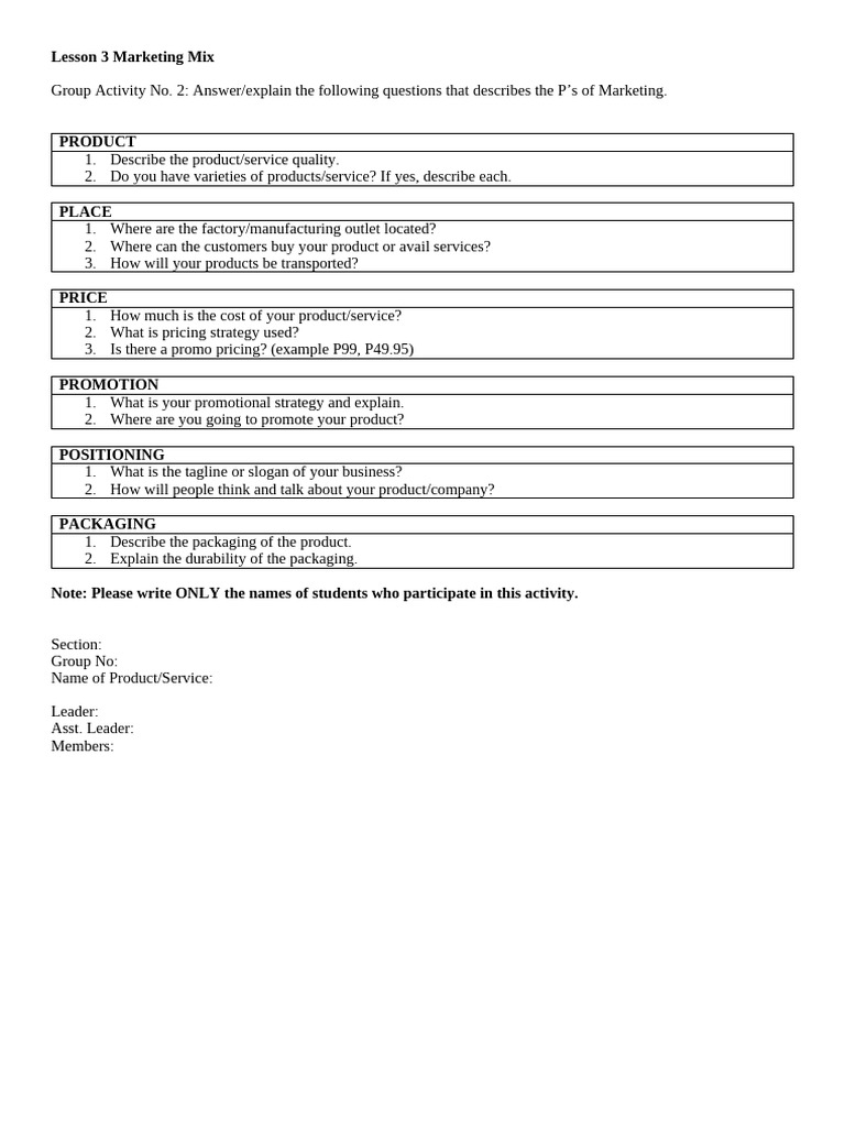 Marketing Mix Group Activity Guide | PDF