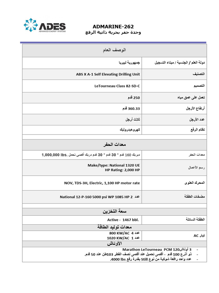 Arabic ADES Rig Specs Admarine-262 Final | PDF