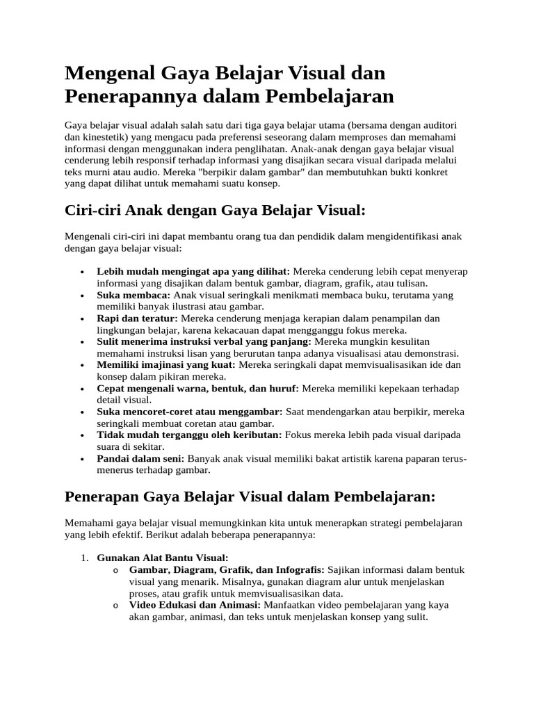 Mengenal Gaya Belajar Visual Dan Penerapannya Dalam Pembelajaran | PDF