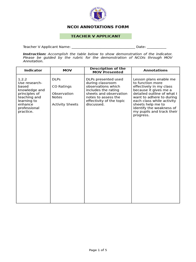 NCOI Annotations Form For Teacher V Applicant | PDF | Educational ...