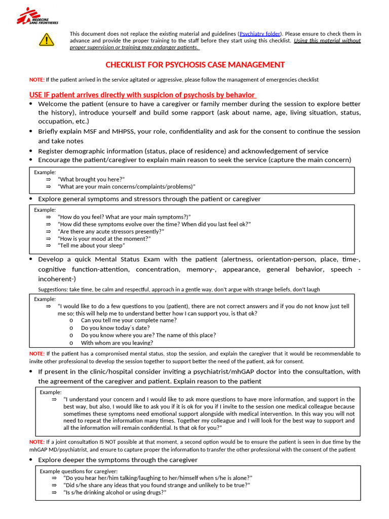 Psychosis Symptoms Management Checklist | PDF | Mental Disorder ...