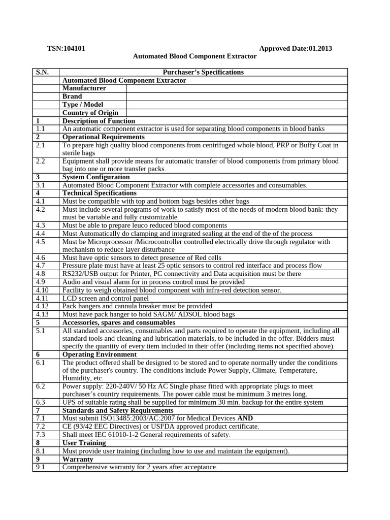 Automated Blood Component Extractor Specifications | PDF