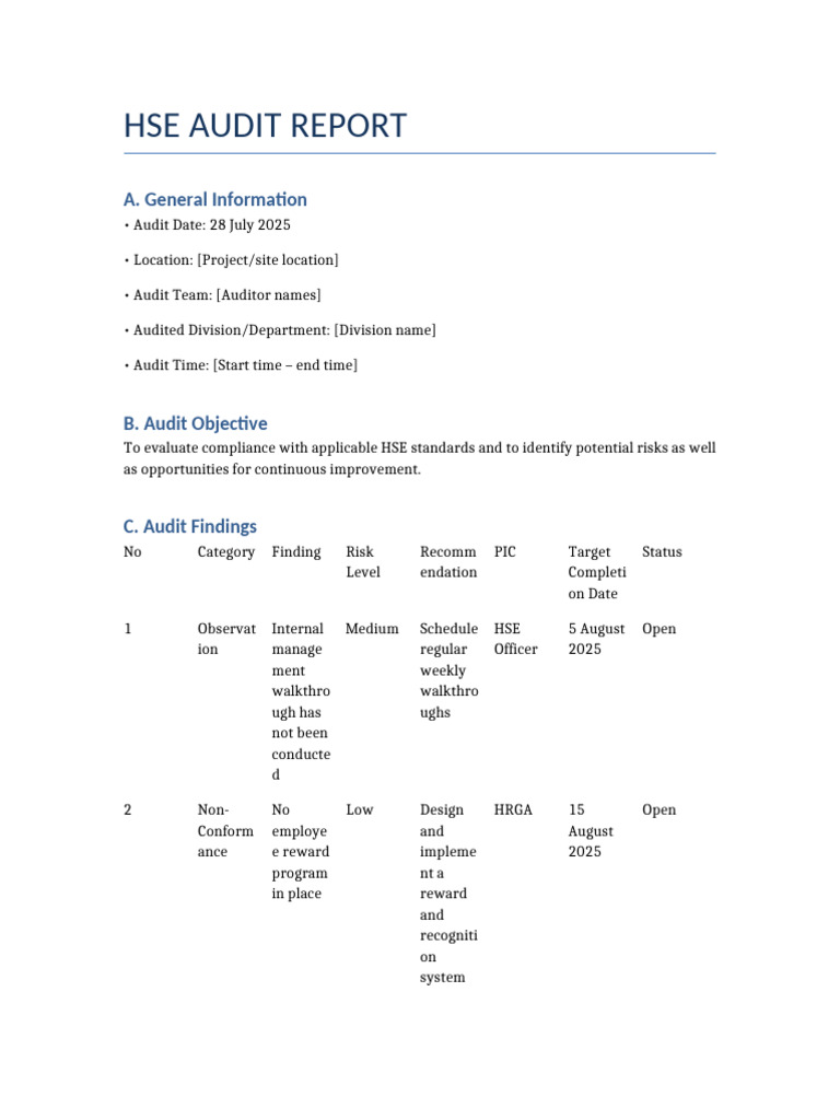 HSE Audit Report Summary and Findings | PDF | Audit | Safety