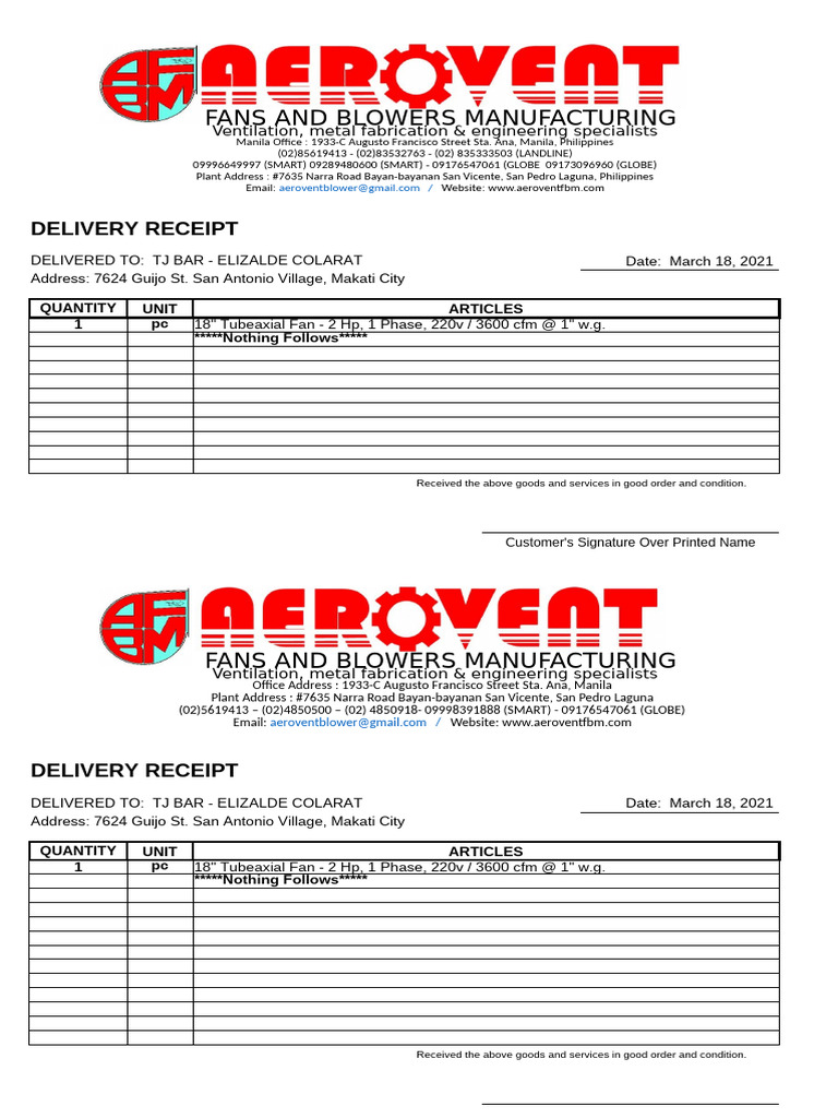 Delivery Receipts for Fans and Blowers | PDF | Engineering ...