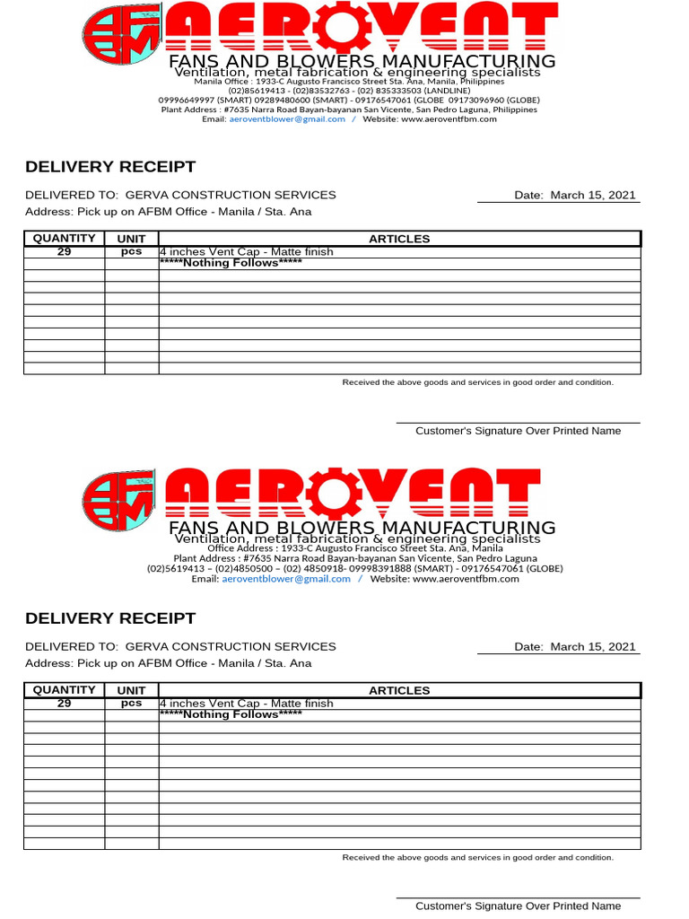 Delivery Receipt Form and Full Out Receipt - Gerva 031521 | PDF | Home ...