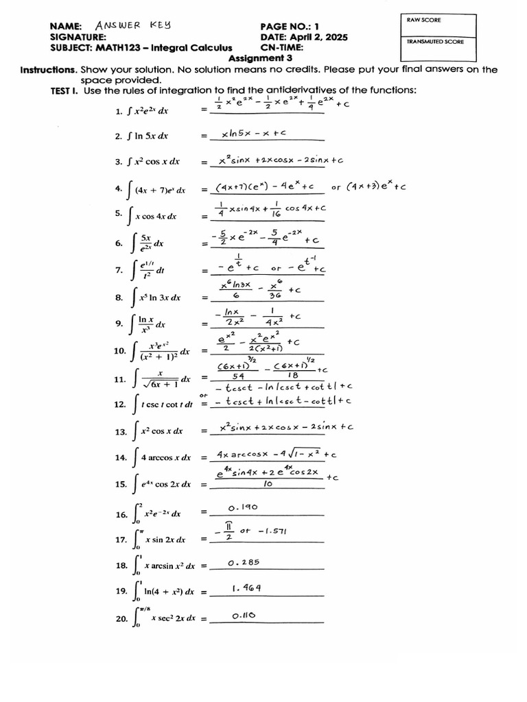 MATH123 INTEGRAL CALCULUS Midterm DAY 4 Assignment 3 Word Answer Key ...