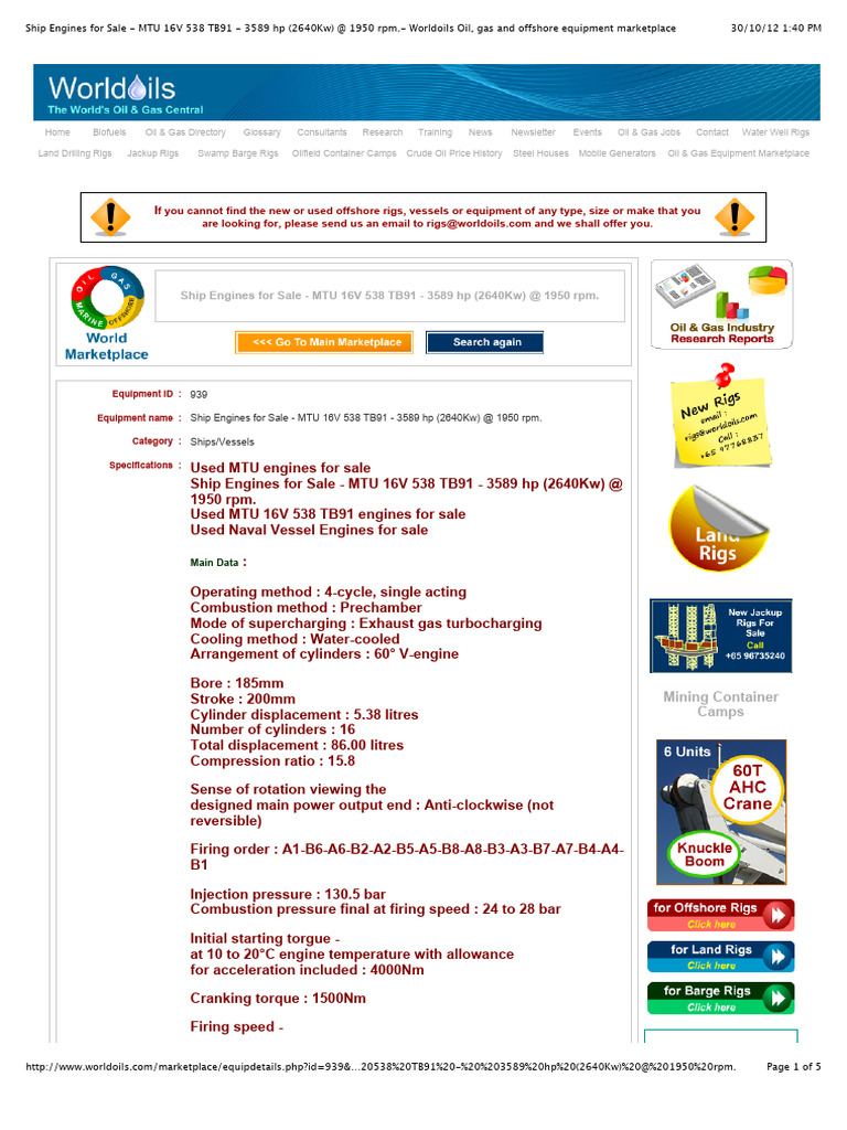 Ship Engines For Sale - MTU 16V 538 TB91 - 3589 HP (2640Kw) at 1950 Rpm ...