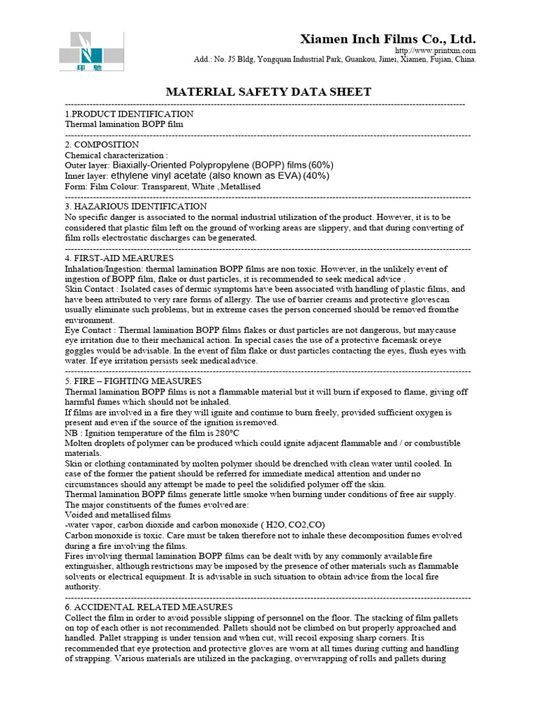 01 - MSDS - BOPP Thermal Lamination Film | PDF | Incineration | Combustion