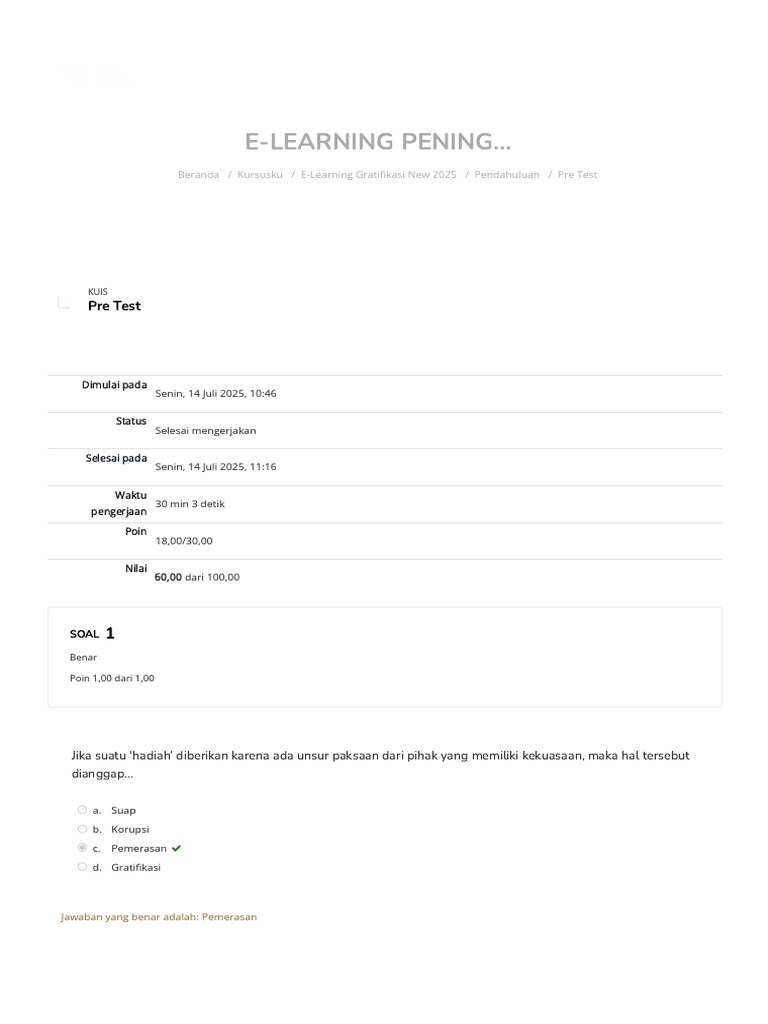 Pre Test - Reviu Pengerjaan Kuis - Elearning-KPK | PDF