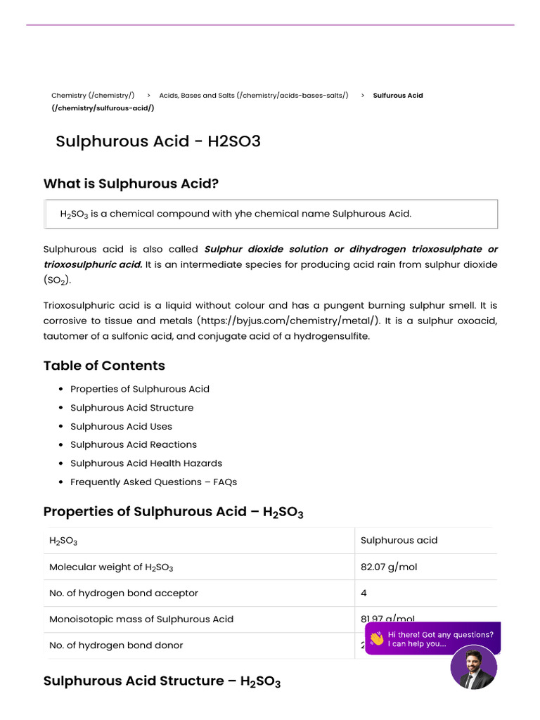 Sulphurous Acid (H2SO3) - Structure, Molecular Mass, Properties & Uses ...