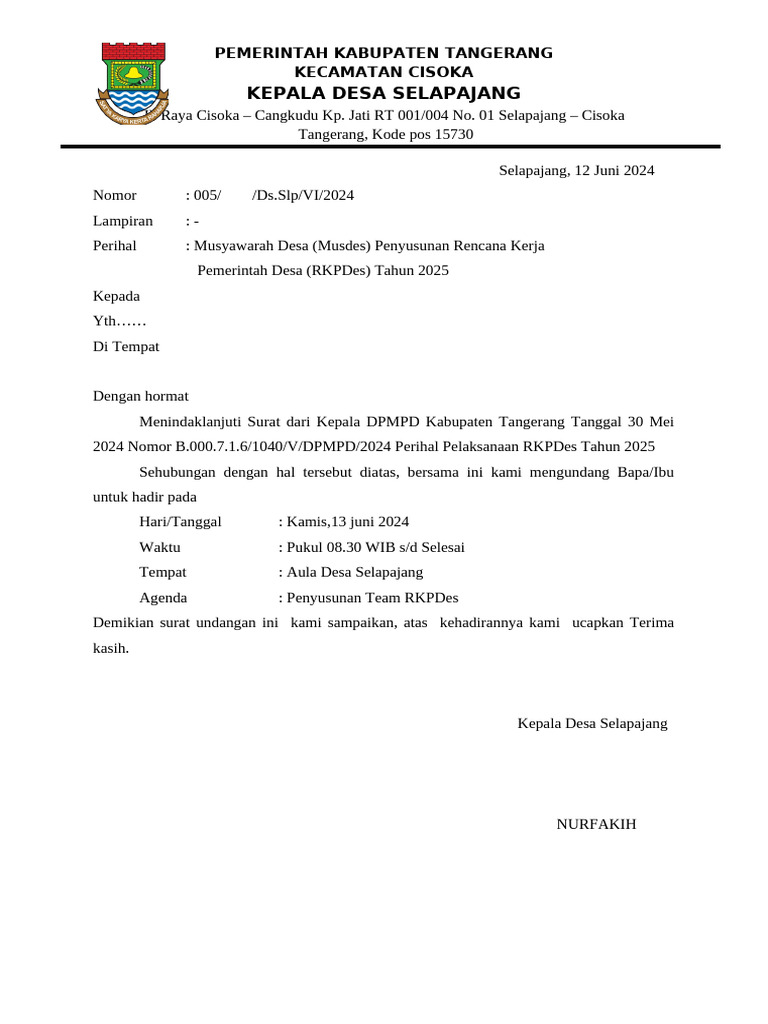 Undangan Musdes RKPDes 2025 Selapajang | PDF