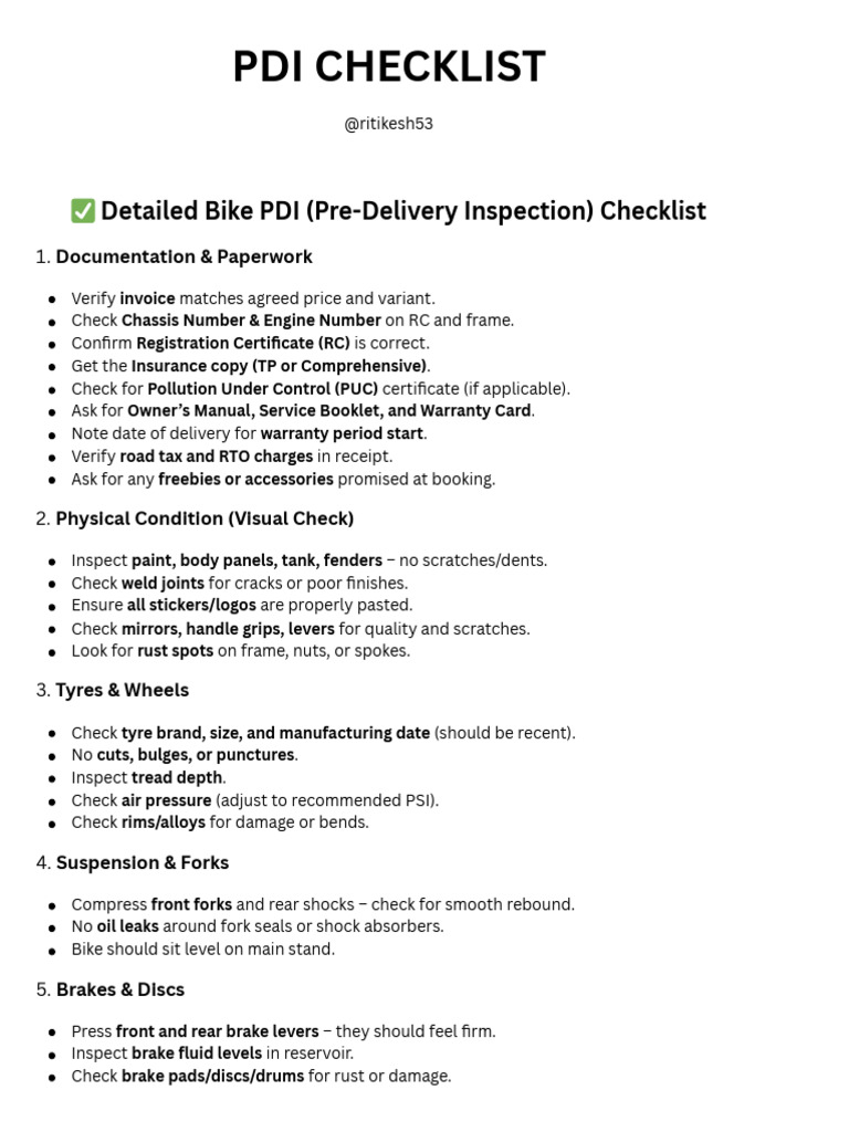 Pdi Checklist | PDF | Brake | Vehicles