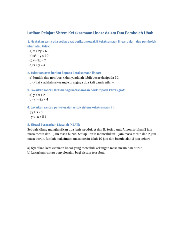 Latihan Ketaksamaan Linear Tingkatan 4 | PDF