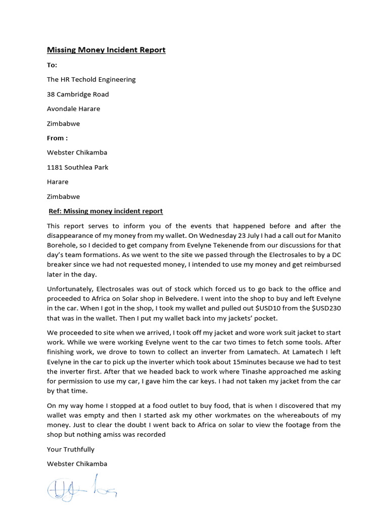 Missing Money Incident Report Summary | PDF