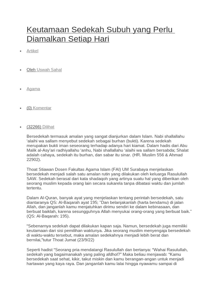 Keutamaan Sedekah Subuh dalam Islam | PDF