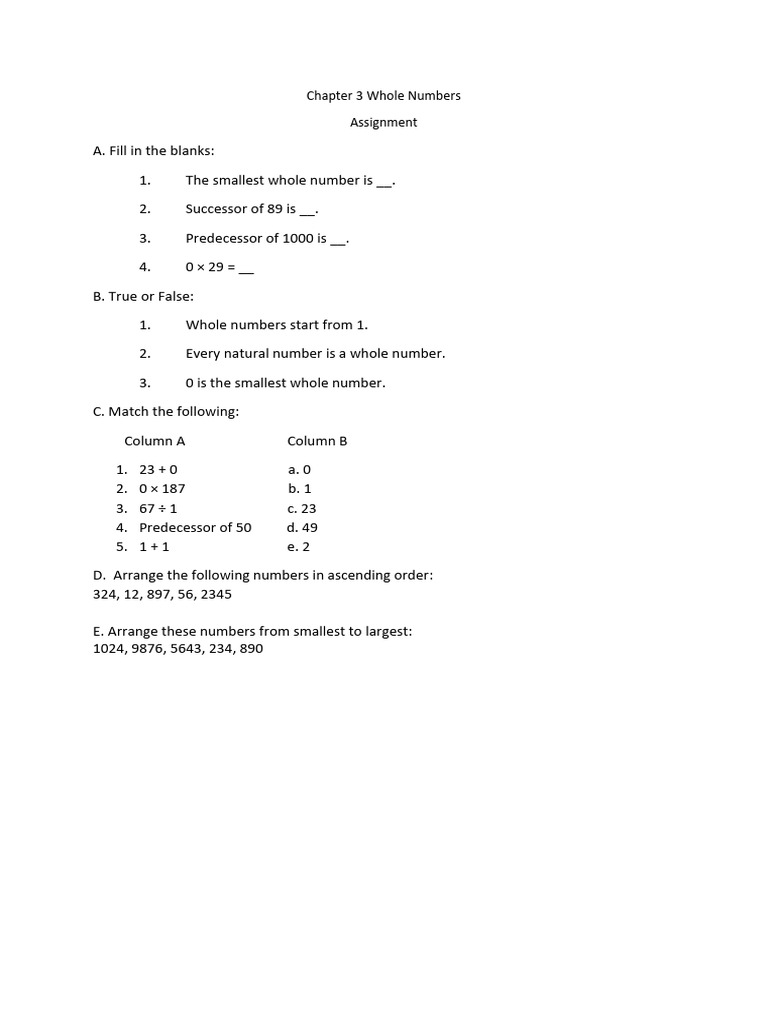 Chapter 3 Whole Numbers Class 6 Assignment Pdf 6863