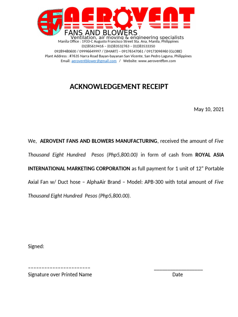 Acknowledgement Receipt - ROYAL ASIA - 051021 | PDF