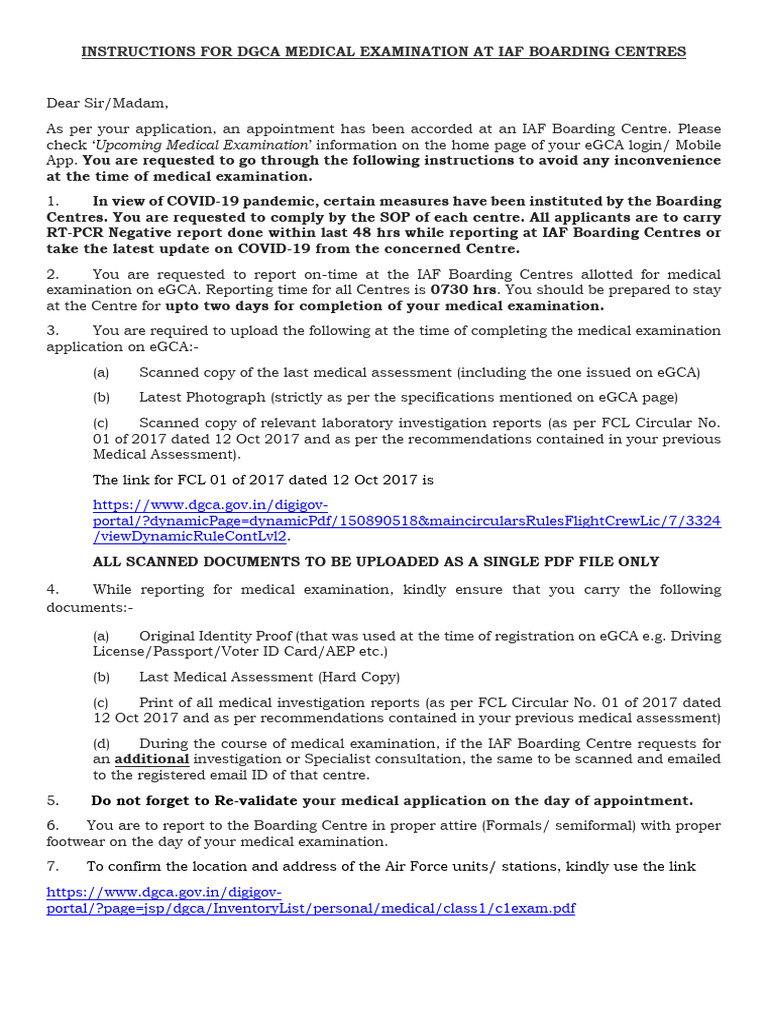 Instructions For Medical Examination | PDF