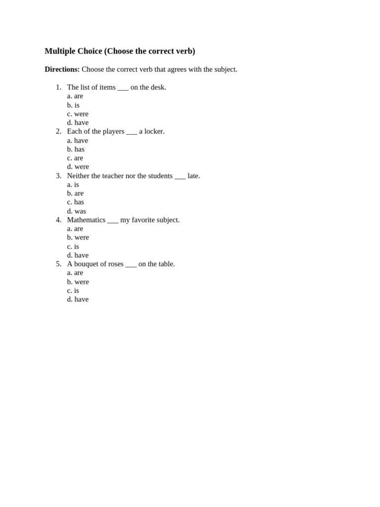 Subject-Verb Agreement MCQ Exercise | PDF