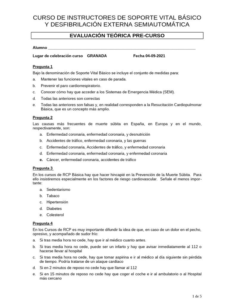 Evaluación Pre-Curso de Instructores en SVB y DESA | PDF | Reanimación cardiopulmonar | Infarto ...