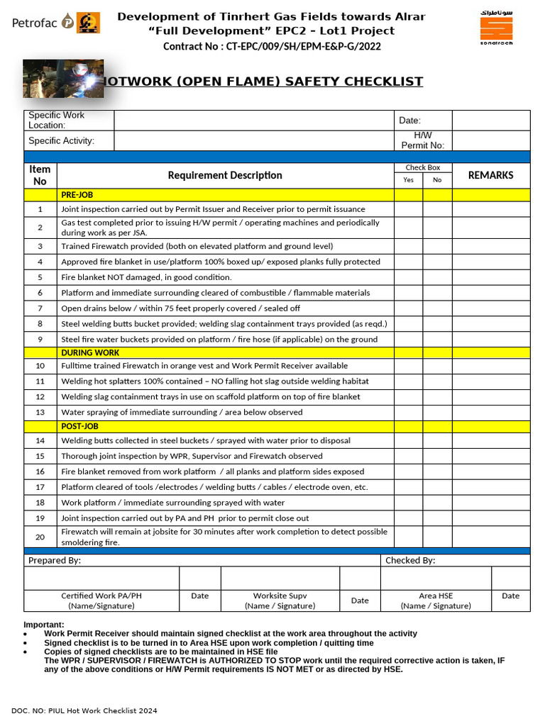 Hot Work Safety Checklist 2024 | PDF | Welding | Construction