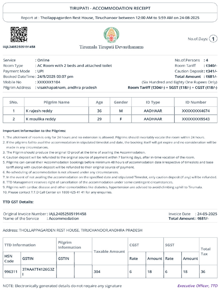 TirupathiDown Accomodation Accommodation - Receipt | PDF