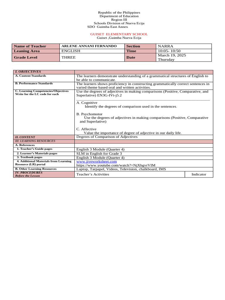 Cot English 3 Arlene A. Fernando 2025 | PDF | Adjective | Teachers