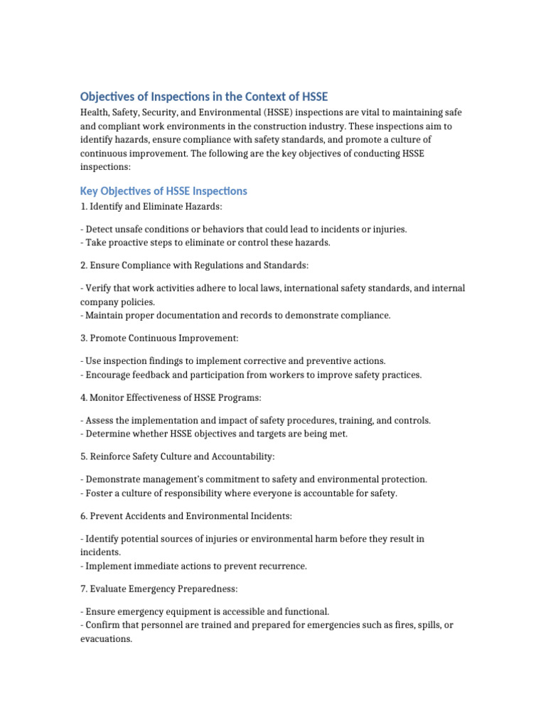HSSE Inspection Objectives | PDF
