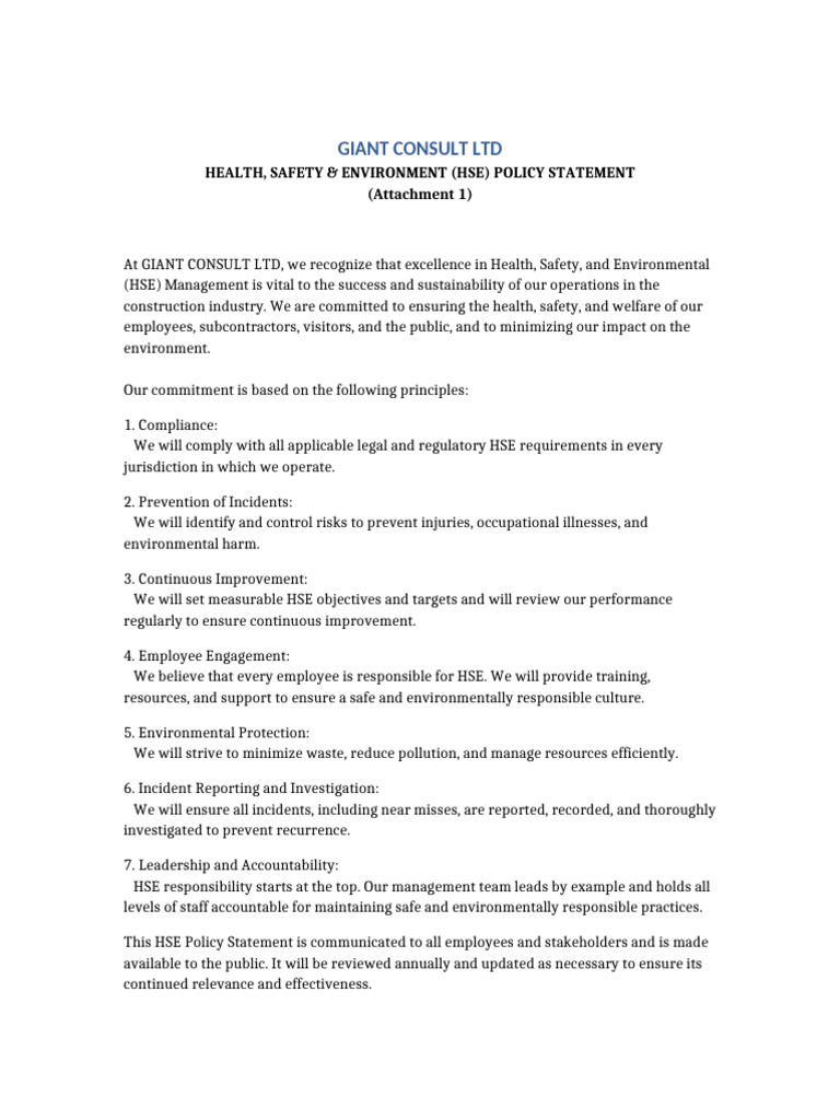Hse Policy Statement Giant Consult LTD | PDF