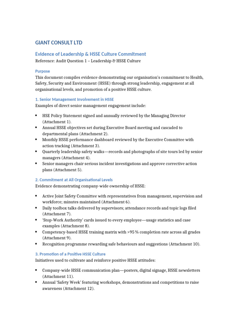 HSSE Leadership Commitment Evidence | PDF | Business