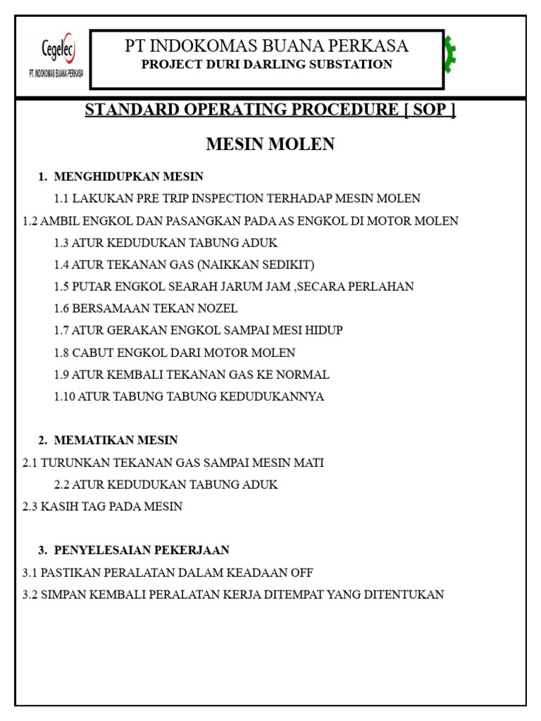 SOP Pengoperasian Engkol Molen | PDF
