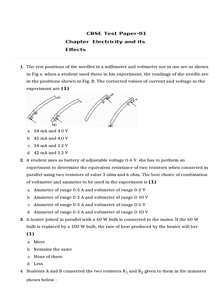 CBSE Electricity Test Paper 01 | PDF | Series And Parallel Circuits ...