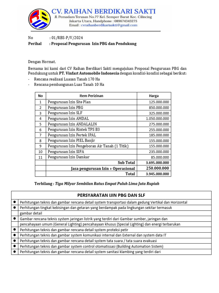 (CONTOH) Proposal Pengurusan PBG PT Vinfast Automobile Indonesia - CV ...