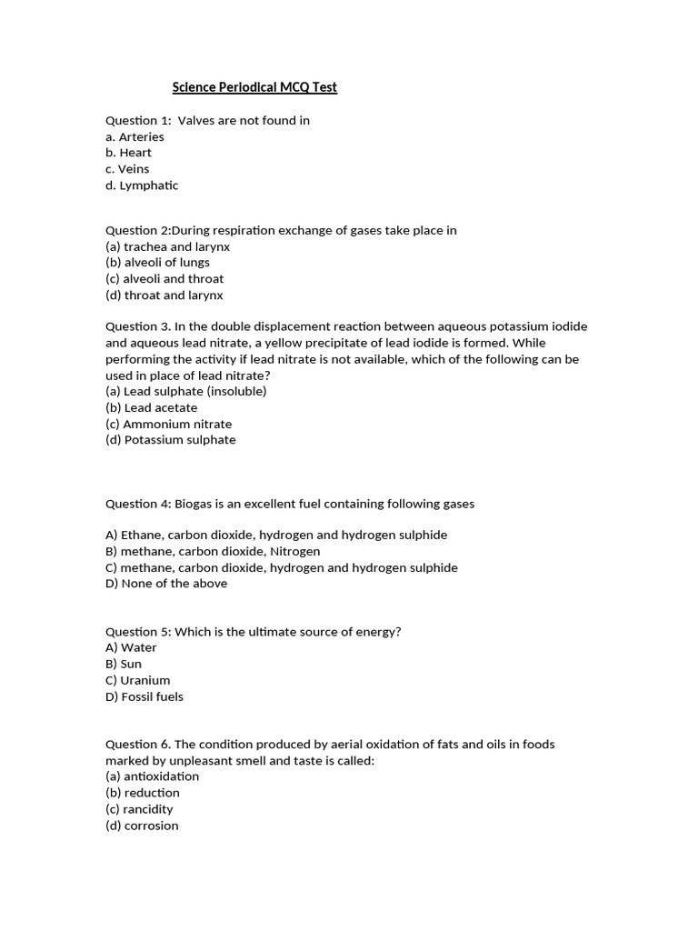 Periodical Test Paper MCQ | PDF | Oxide | Lung